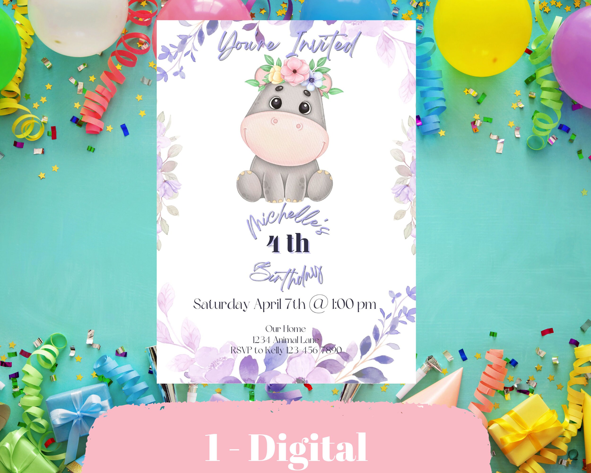 Editable Hippo Invitation Template to Download Printable Digital File ...