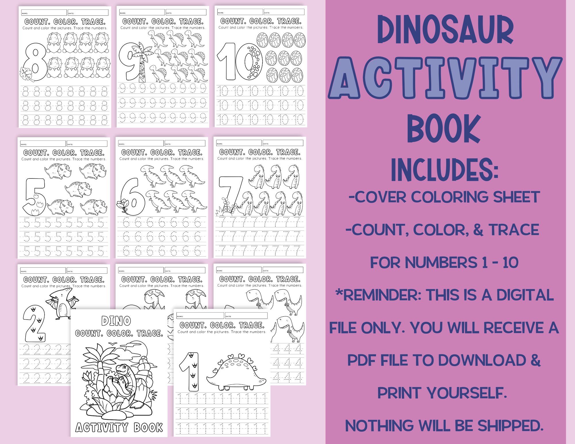 Preschool Math Worksheets, Number Tracing Printable, Dinosaur Coloring ...