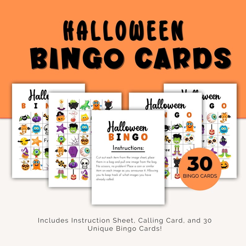 Halloween Bingo Printable, Halloween Games for Kids Party, 30 Bingo ...