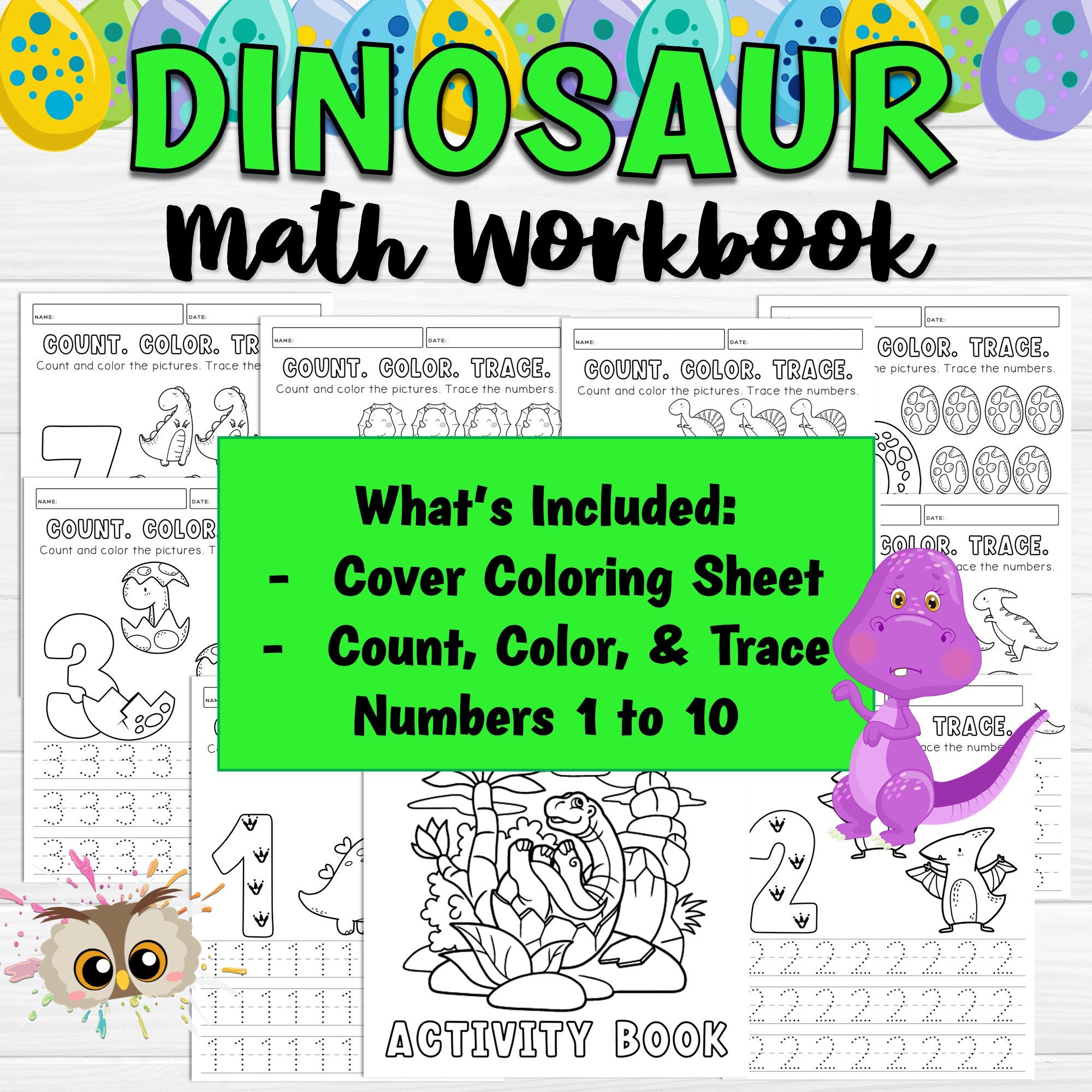Preschool Math Worksheets, Number Tracing Printable, Dinosaur Coloring ...