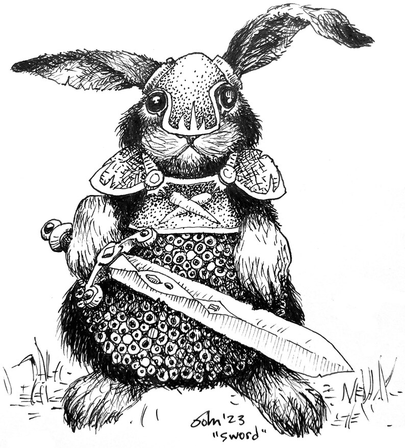 Archival Print of Warrior Bunny sword Ink Drawing by John Devore ...