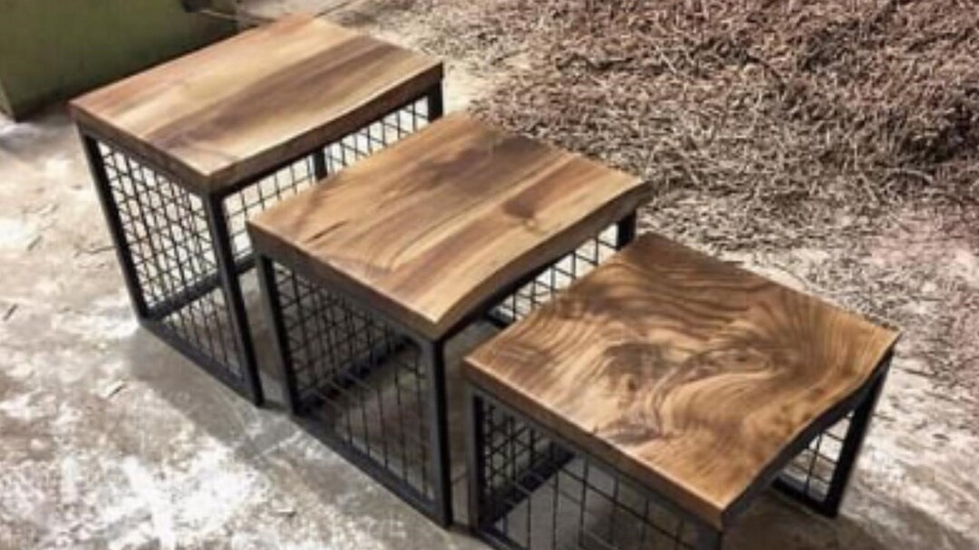 Live Edge Walnut Nesting Tables: Metal Cage Legs, Zigon Coffee Table ...