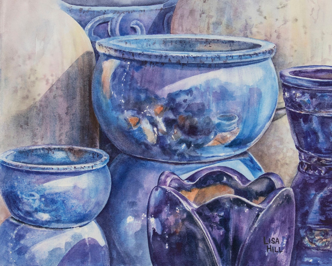 Watercolor Still Life, Blue Glazed Ceramic "pots O' Blue", Original ...