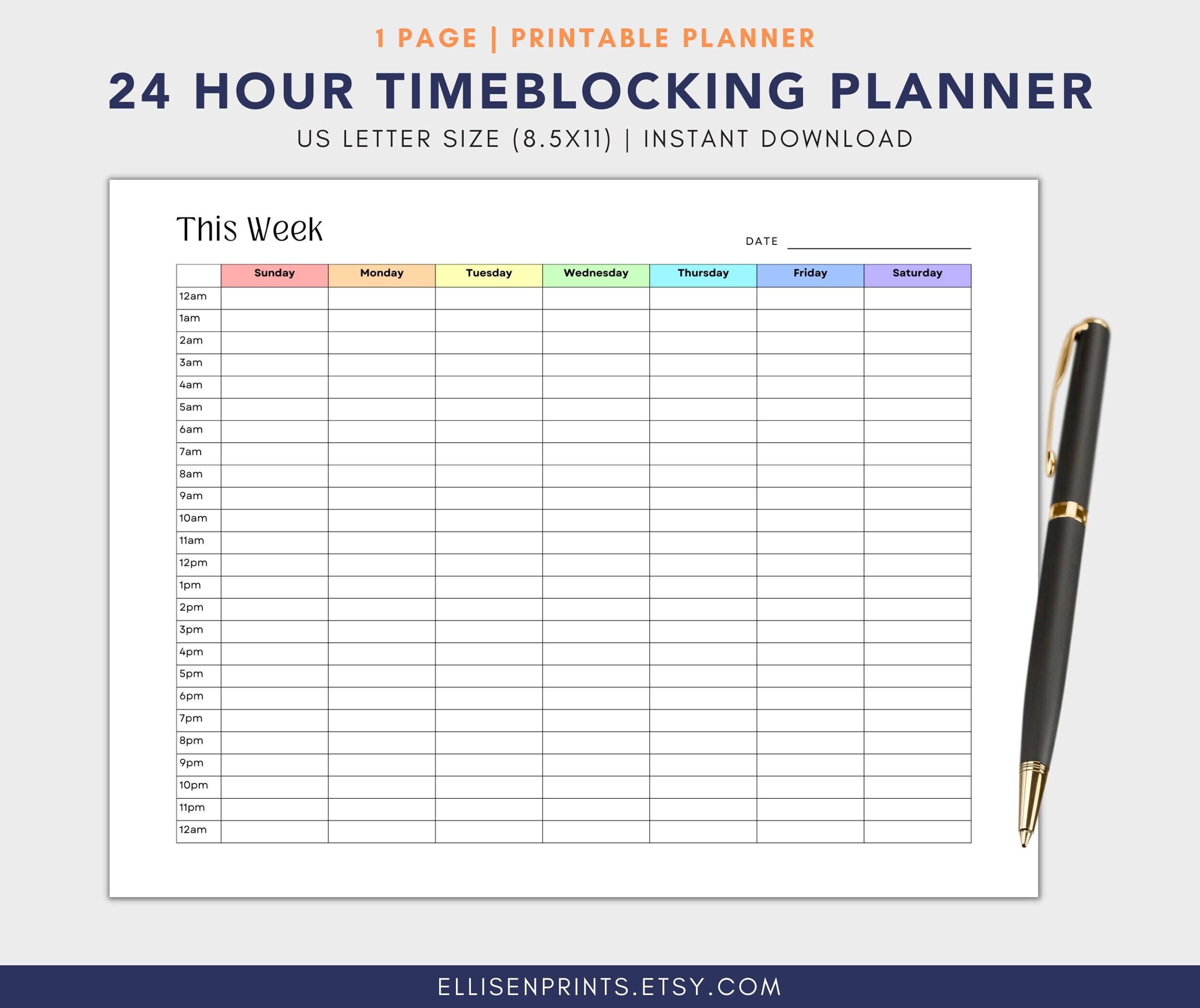 24 Hour Time Blocking Weekly Planner | Time Blocking Planner ...