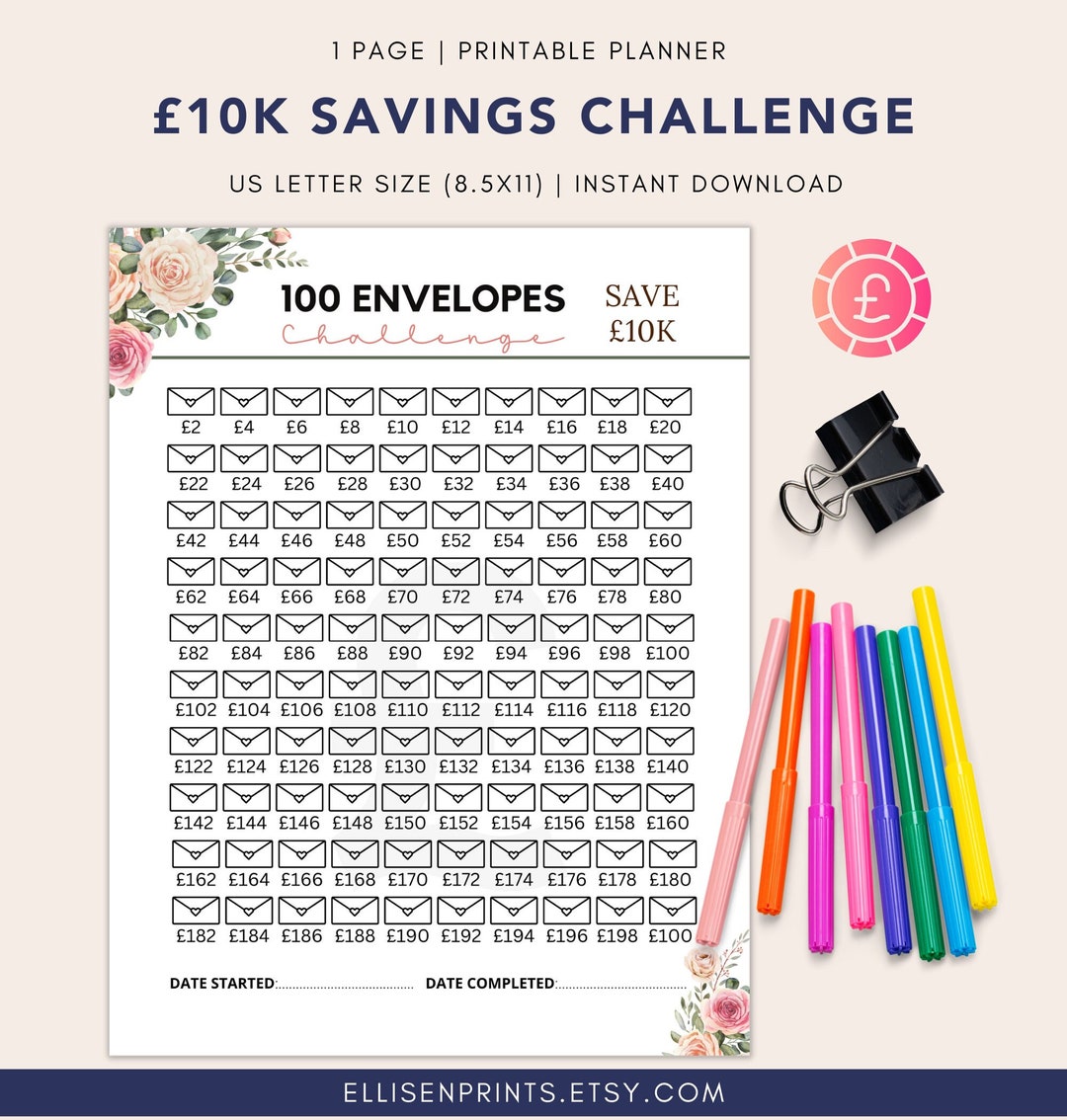 10K Pound Savings Challenge Printable | 100 Envelopes Tracker (digital ...