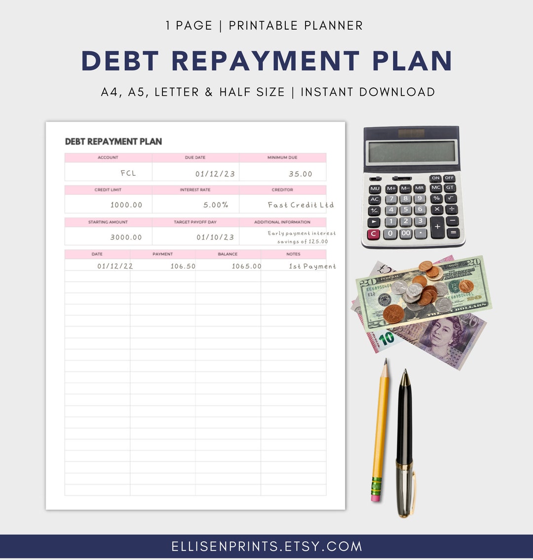 Debt Repayment Plan Tracker | Minimalist Printable (PDF Download) - Etsy