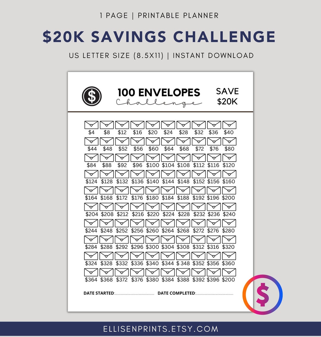 20K Savings Challenge Printable, 20k Challenge, 20000 Savings Challenge ...