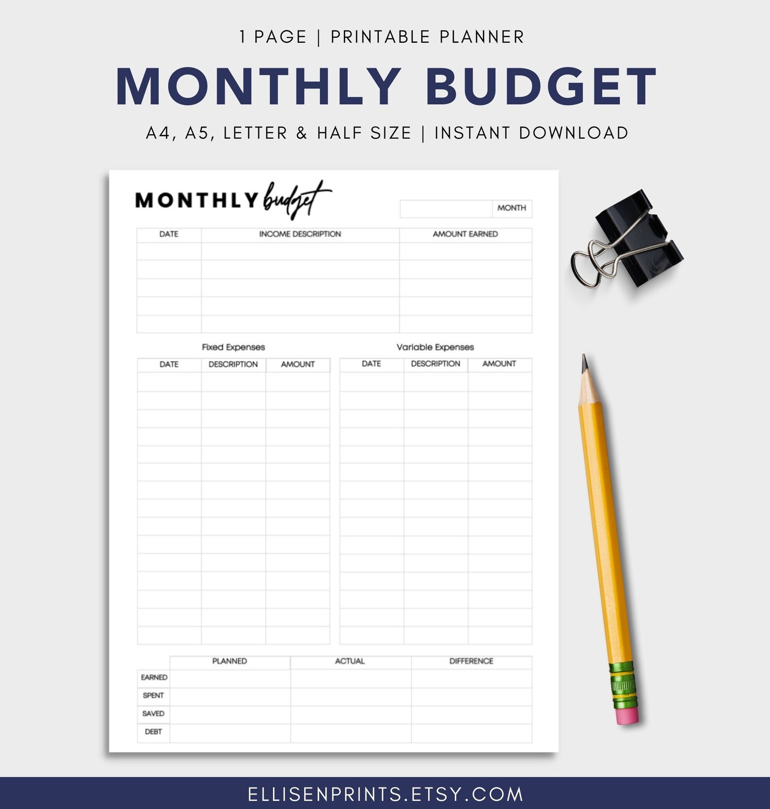 Monthly Budget Printable | A4 A5 Letter Sizes (instant Download) - Etsy