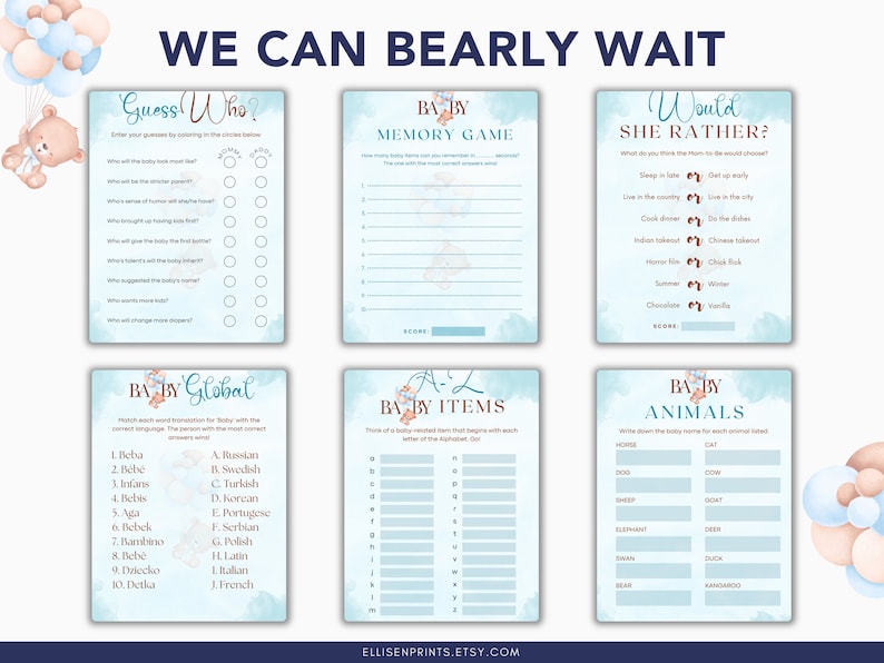 Bear Themed Baby Shower Games We Can Bearly Wait Baby Shower Games Teddy Bear Baby Shower Games ...