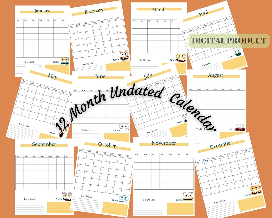 Calendar Printable Monthly Calendar Undated Calendar Monster Faces ...