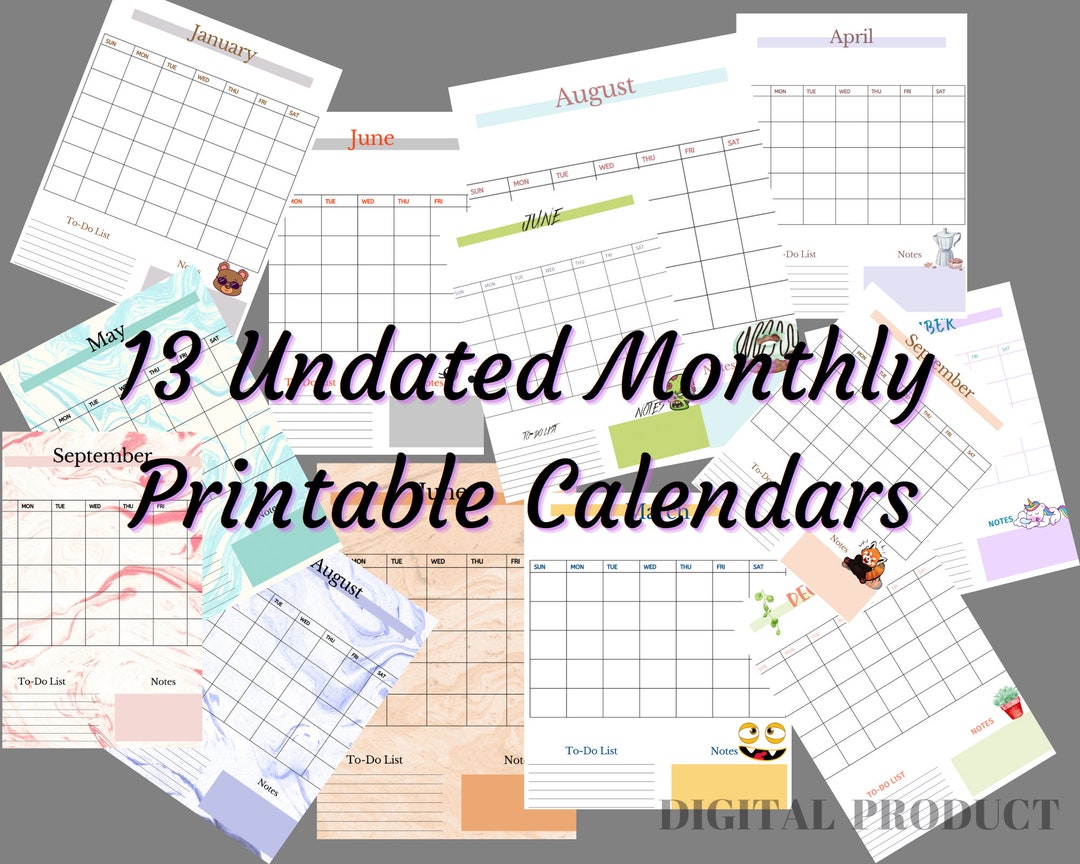 Printable Calendar Blank Undated Calendars 12 Month Calendar Pages ...