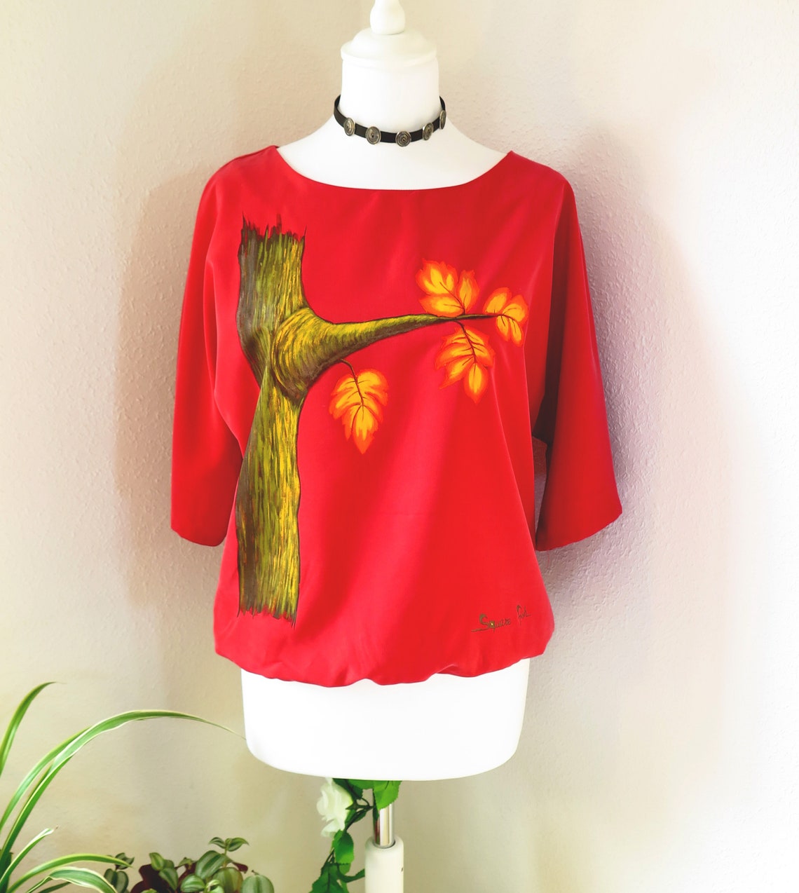 Elegant Cherry Red Blouse, Hand-painted Blouse, Ecological Tencel ...