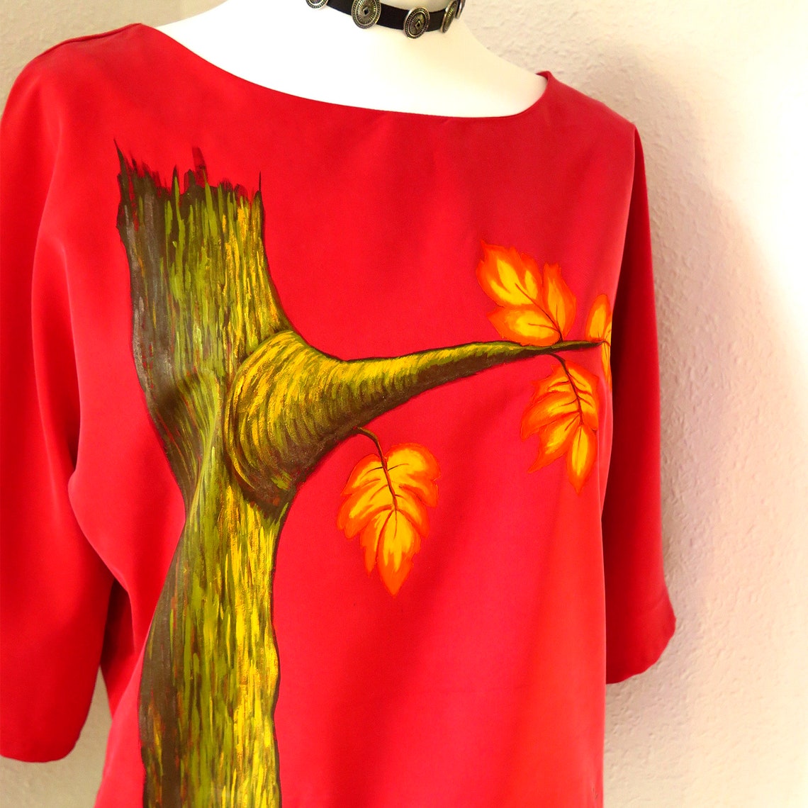 Elegant Cherry Red Blouse, Hand-painted Blouse, Ecological Tencel ...