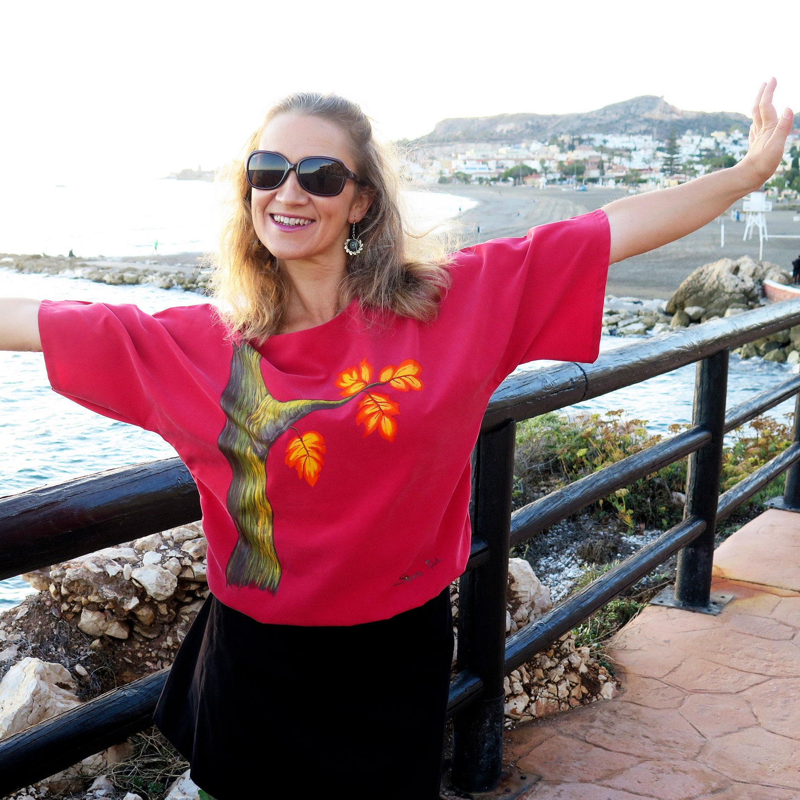 Elegant Cherry Red Blouse, Hand-painted Blouse, Ecological Tencel ...