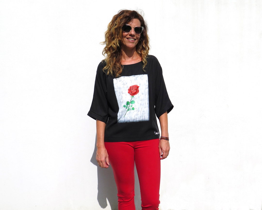 Red Rose Blouse, Hand Painted Shirt, Classy Blouses for Ladies, Floral ...