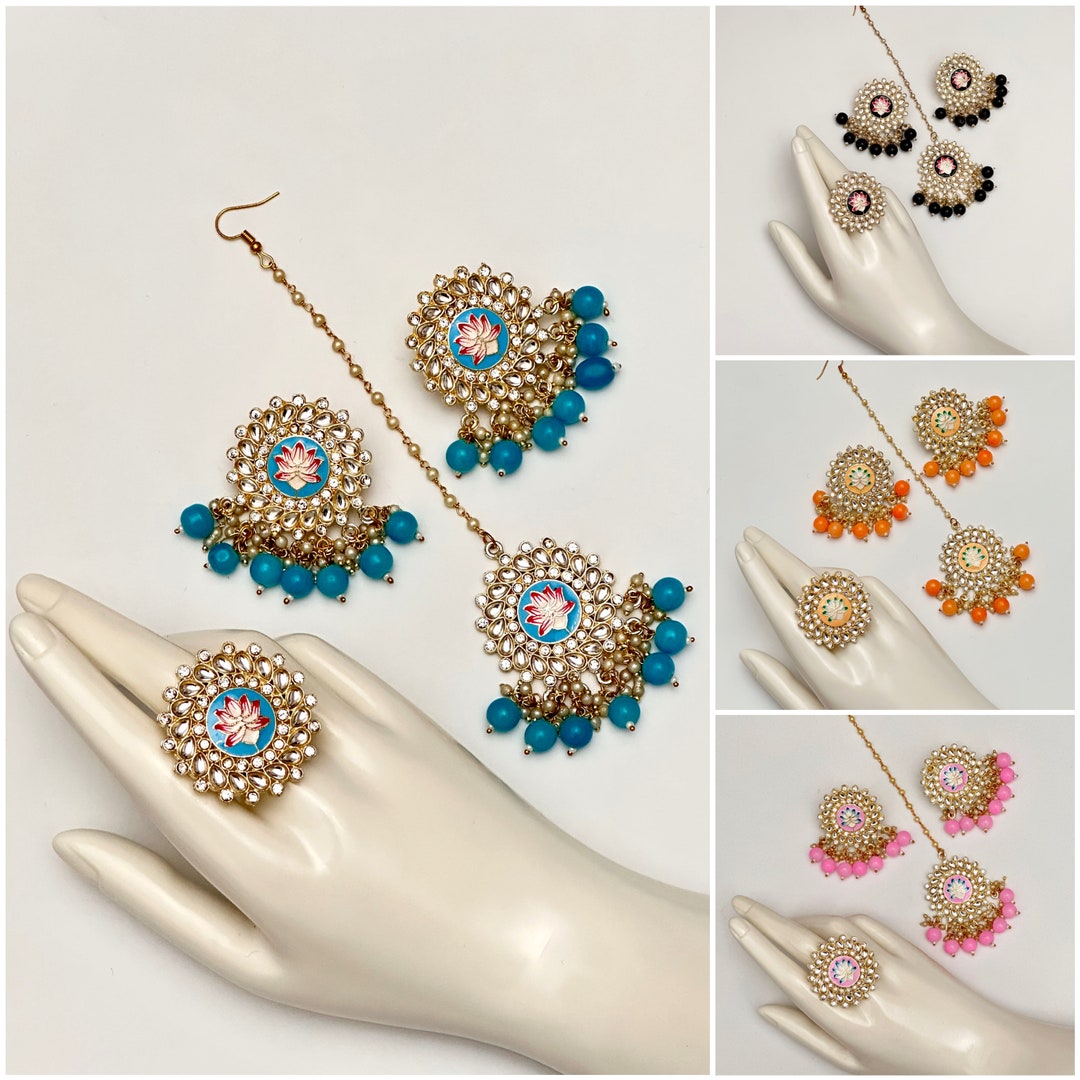 Meenakari Peacock Indians Earring Pearl Jhumka Earrings Set With Ring ...