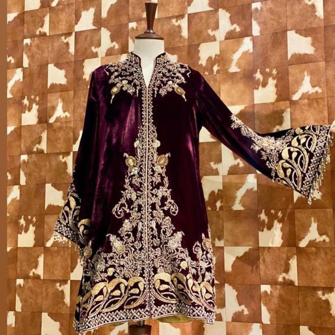 Dark Deep Maroon Velvet Straight Kurta With Golden Zari Tilla - Etsy