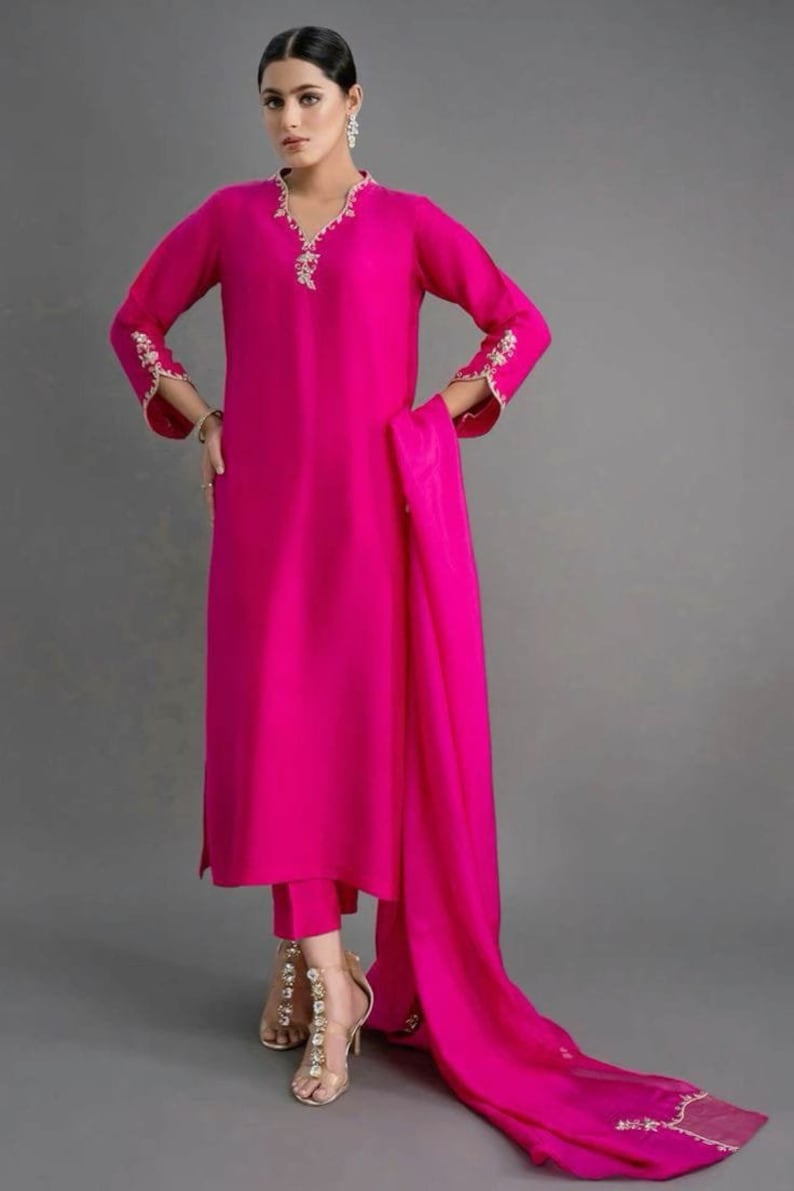 Pretty in Pink: Silk V-neck Kurta Set With Trouser Pant and Resham ...