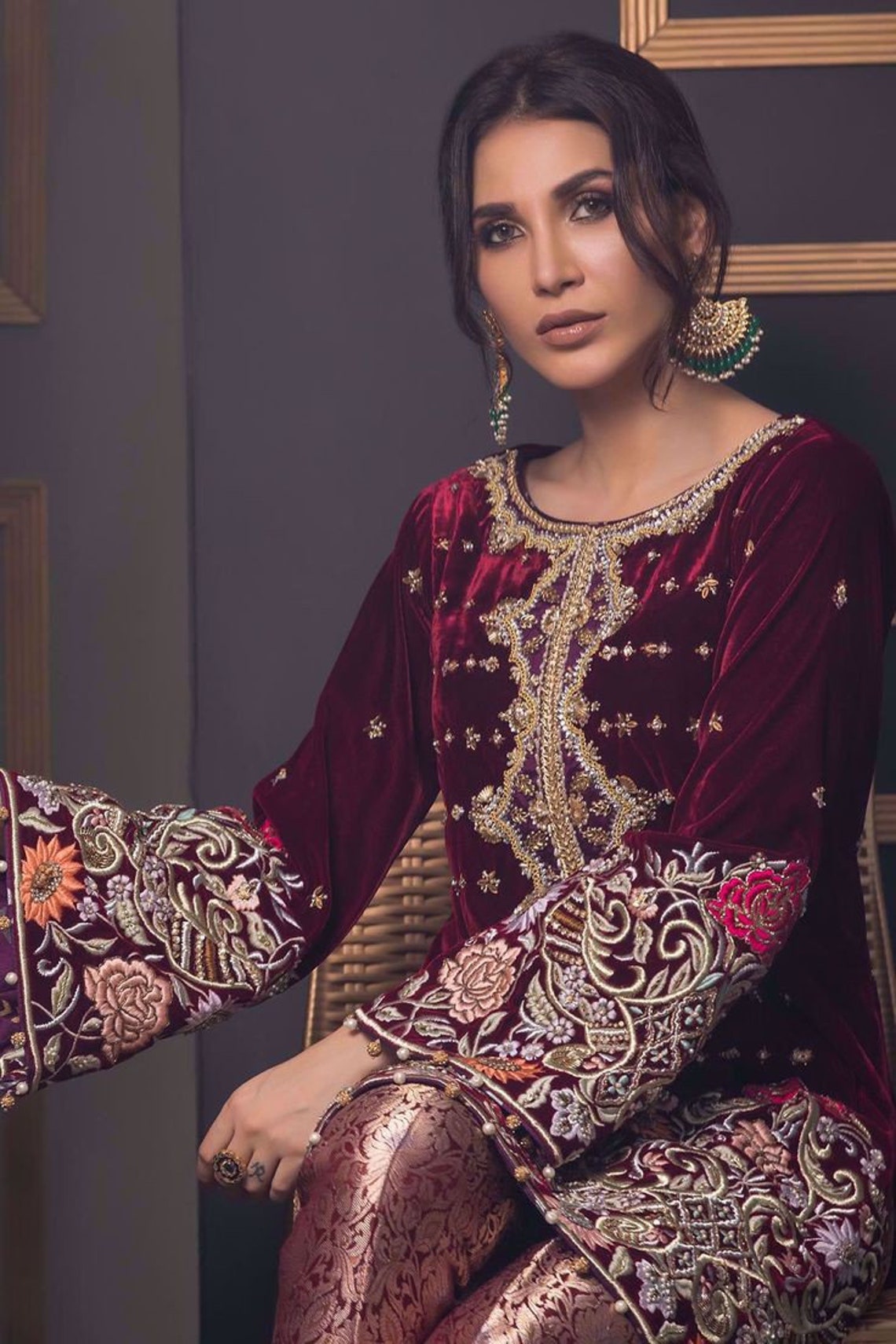 Magenta Wine Velvet Kurta & Brocade Pant With Multi-color Organza ...