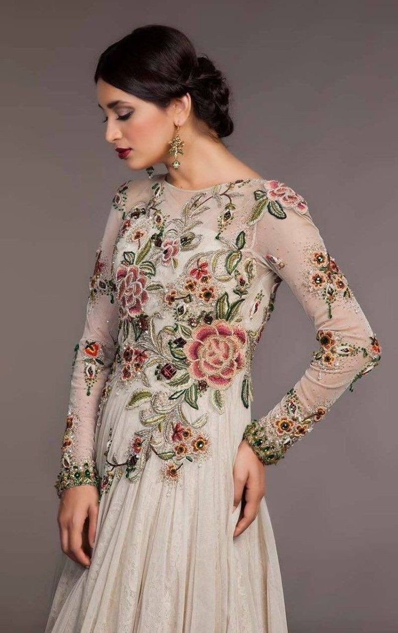 White Anarkali Frock With Floral Needle Thread Work - Etsy