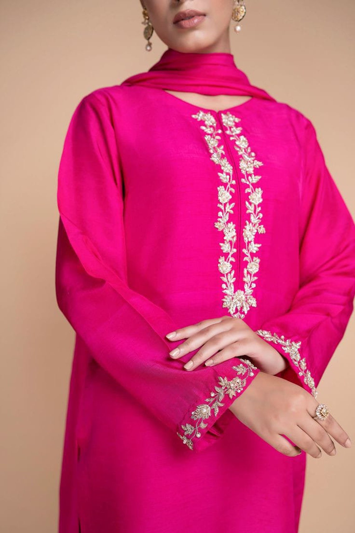 Pretty in Pink: Silk V-neck Kurta Set With Trouser Pant and Resham ...