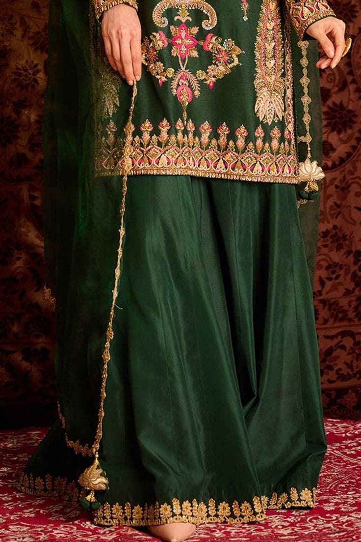 Pakistani Zari Embroidered Green Silk Kurta With Pant and Organza ...