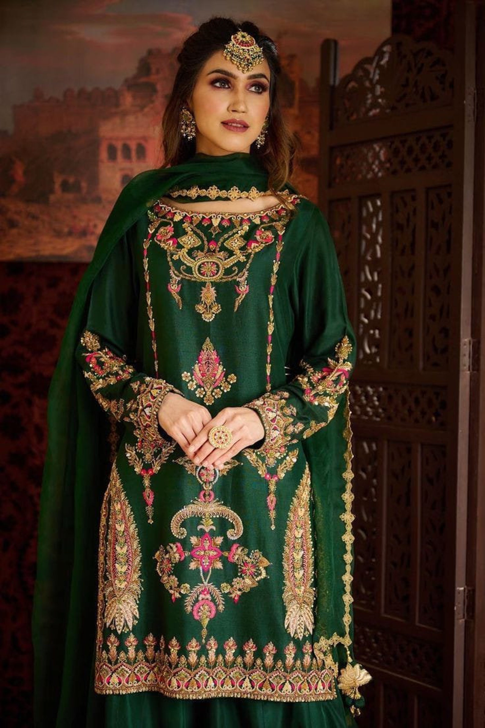 Pakistani Zari Embroidered Green Silk Kurta With Pant and Organza ...