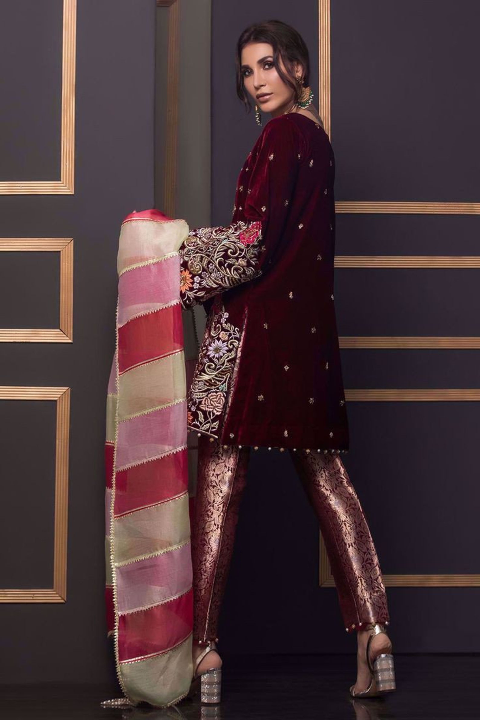 Magenta Wine Velvet Kurta & Brocade Pant With Multi-color Organza ...