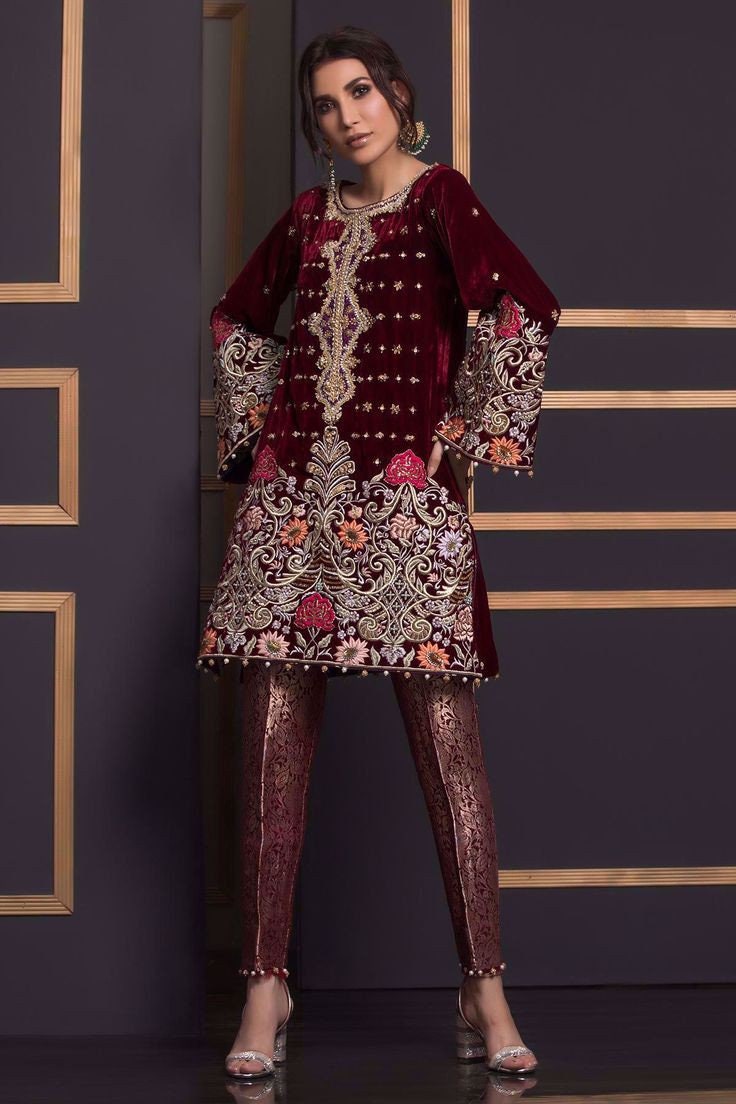 Magenta Wine Velvet Kurta & Brocade Pant With Multi-color Organza ...