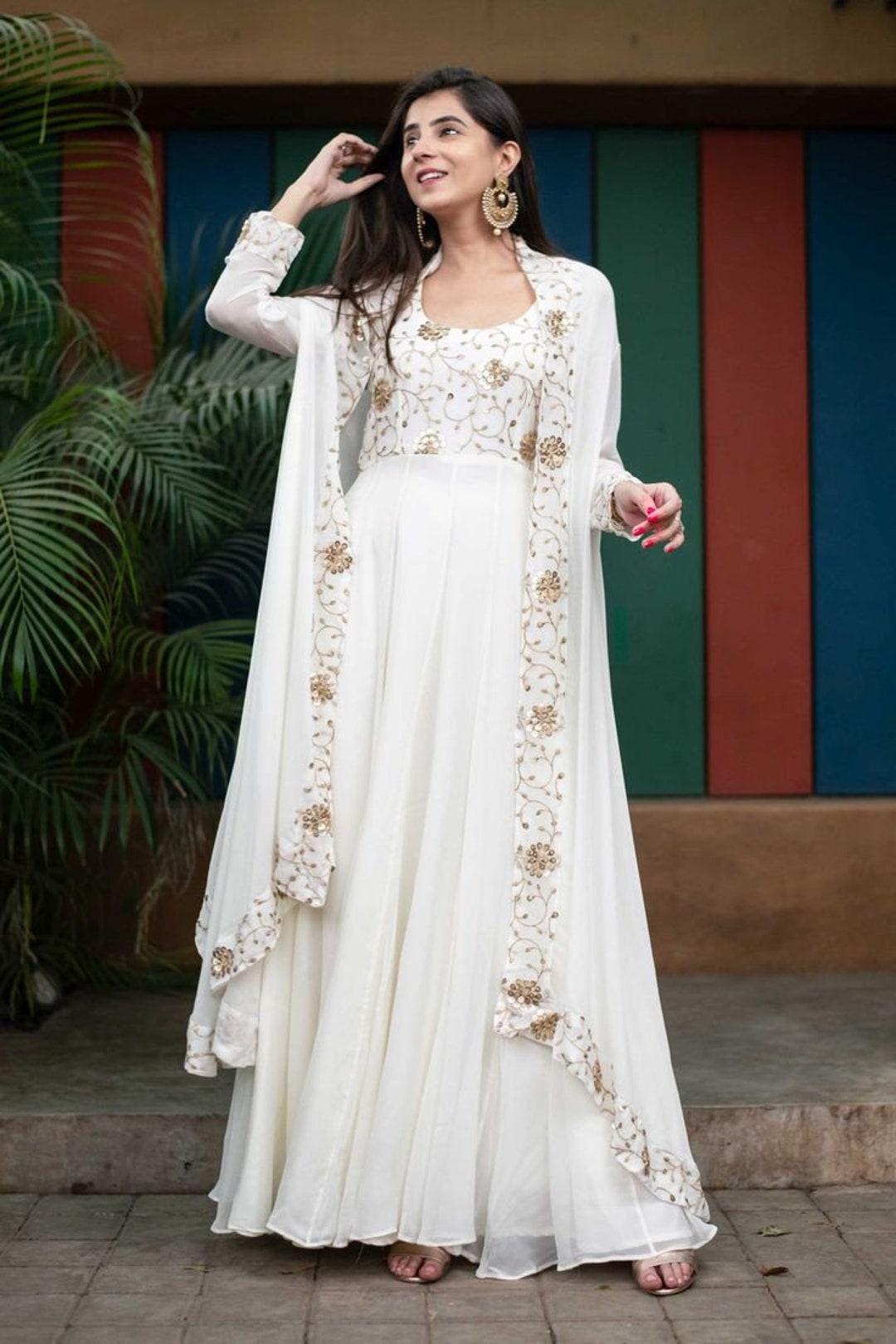 Indian Heavy Designer White and Golden Anarkali Gown With Jacket for ...
