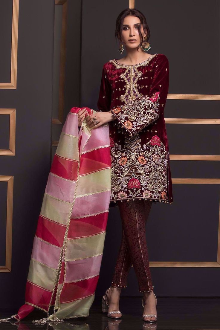 Magenta Wine Velvet Kurta & Brocade Pant With Multi-color Organza ...