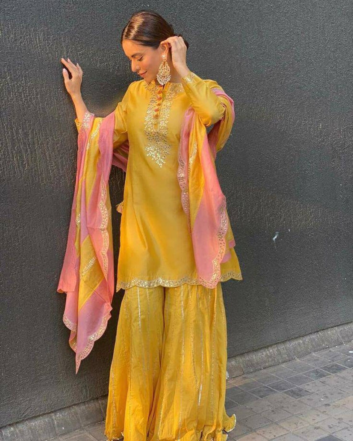 Indian Pakistani Yellow Haldi Gharara Palazo Gota Work Kurta Dupatta ...