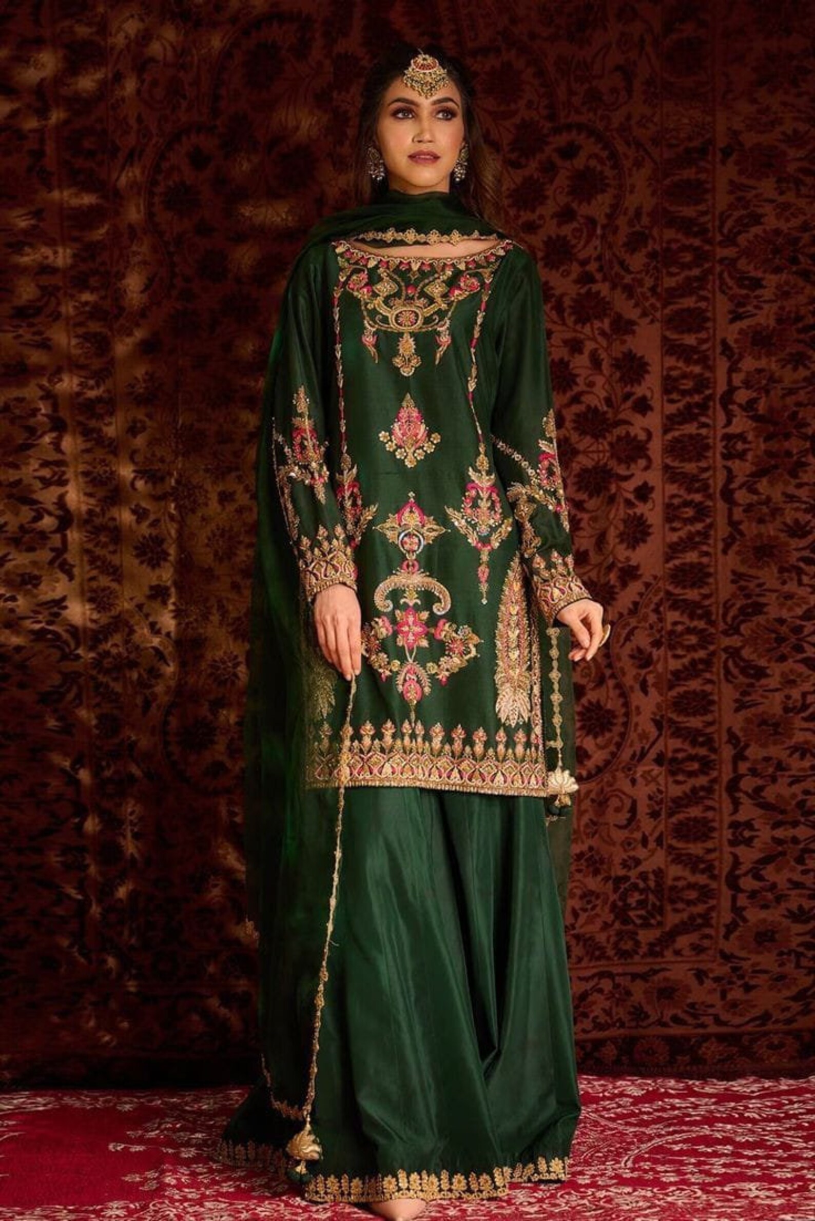 Pakistani Zari Embroidered Green Silk Kurta With Pant and Organza ...