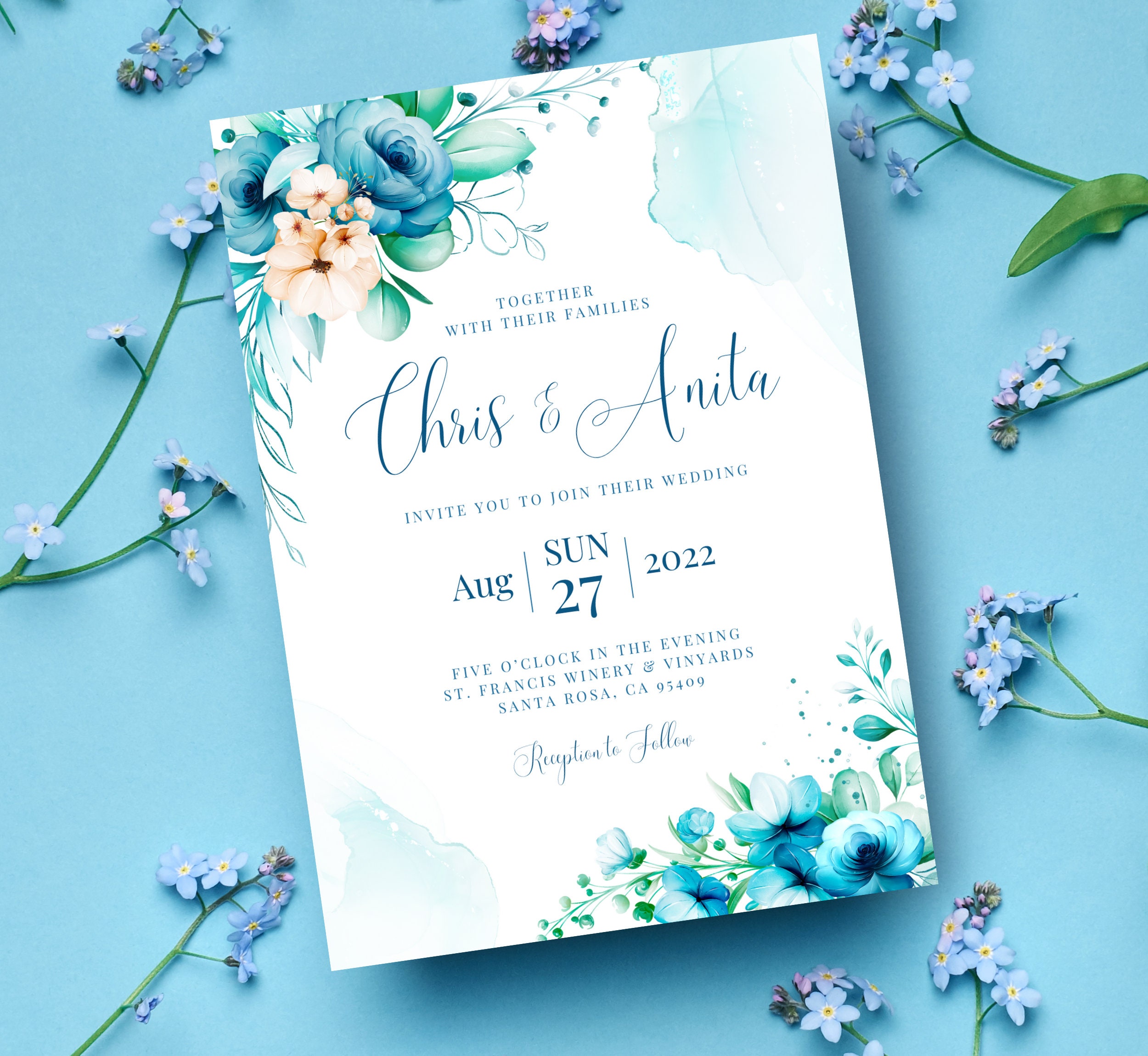 Sky Blue Wedding Invitation Suite Template, Light Blue Wedding Program ...