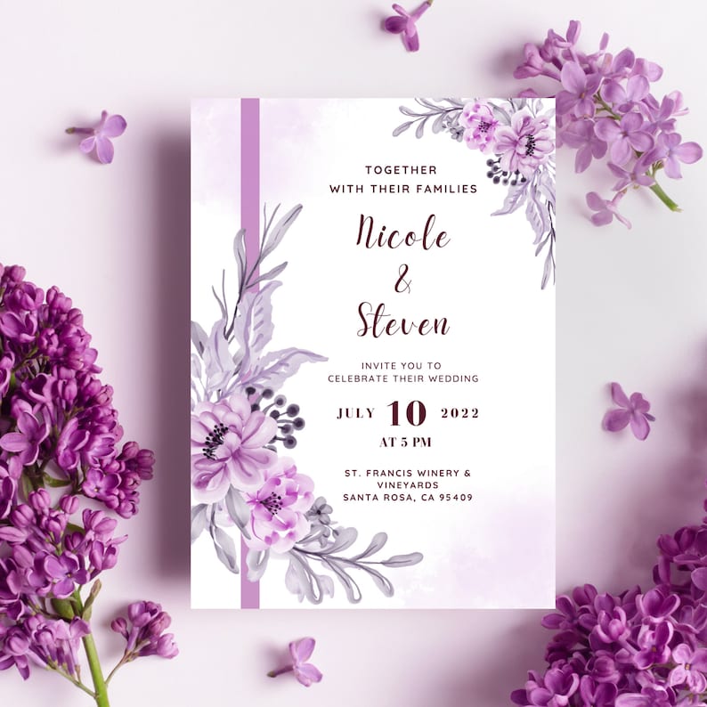 Lilac Wedding Invitation, Purple Wedding Invitation Template Download ...