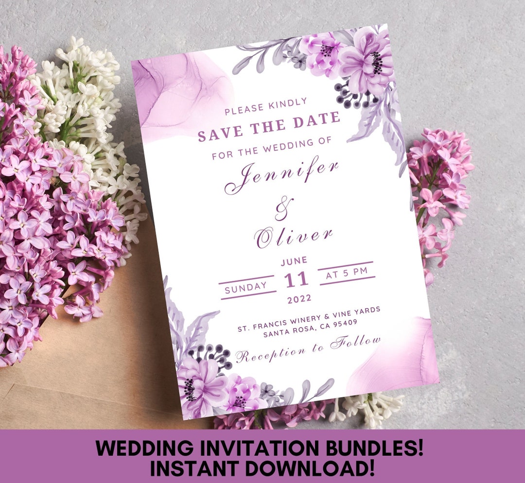 Lilac Wedding Invitation Suite Template, Purple Wedding Program Digital ...