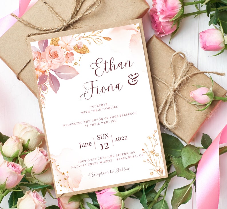 Boho Floral Wedding Invitation Suite Template, Elegant Wedding Program ...