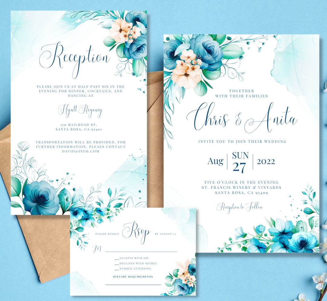Sky Blue Wedding Invitation Suite Template, Light Blue Wedding Program ...