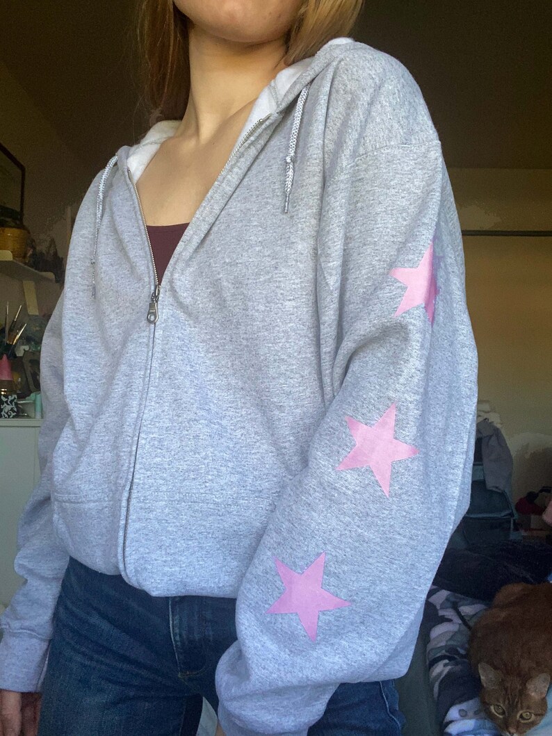 Gray and Pink Star Sleeve Zip up Hoodie, Preppy Sweatshirt, Star ...