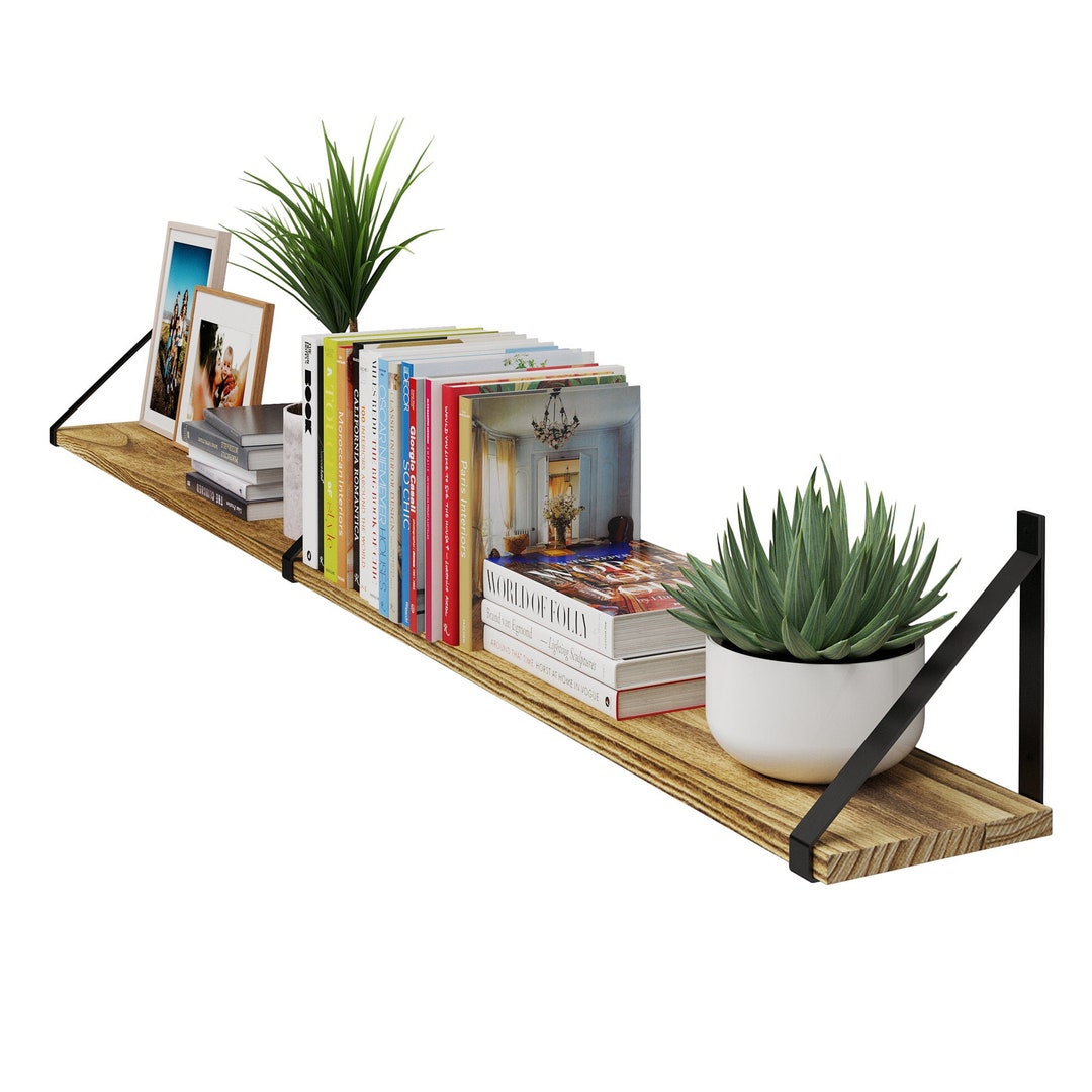 60x6 Rustic Floating Shelves, Wall Bookshelf Living Room Decor Burned ...