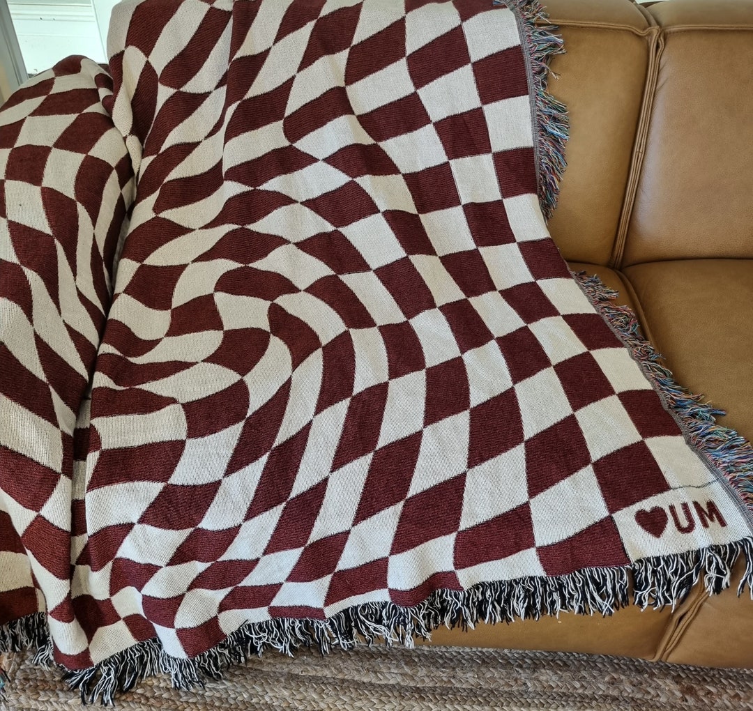 Brown Checker Blanket, Checker Throw Blanket, Cool Tapestry, Woven ...