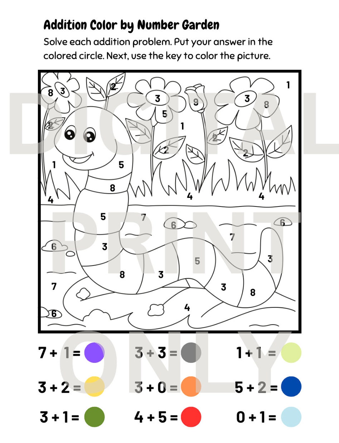 Addition Color by Number Worksheet - Etsy