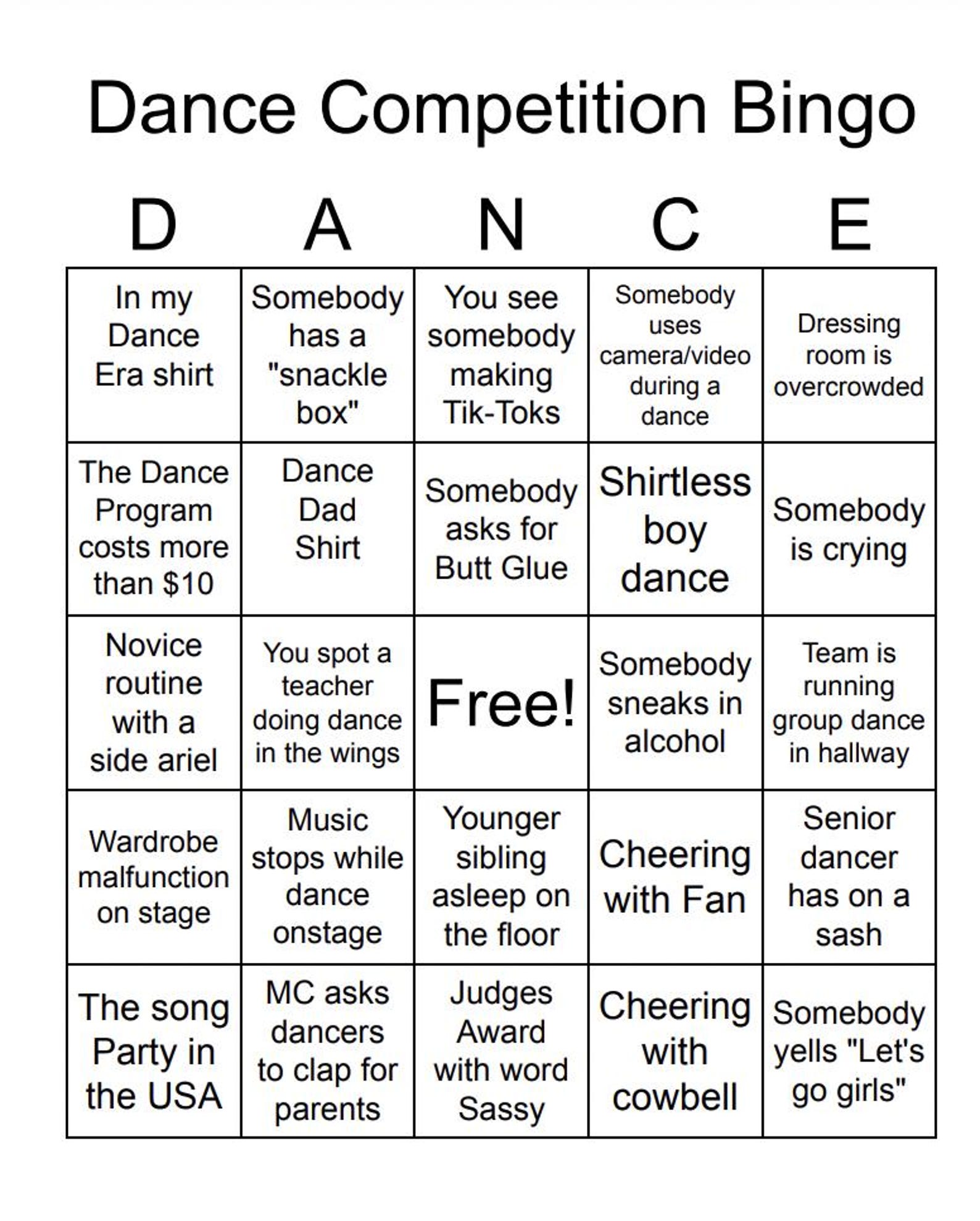 Dance Competition Bingo Cards - Etsy