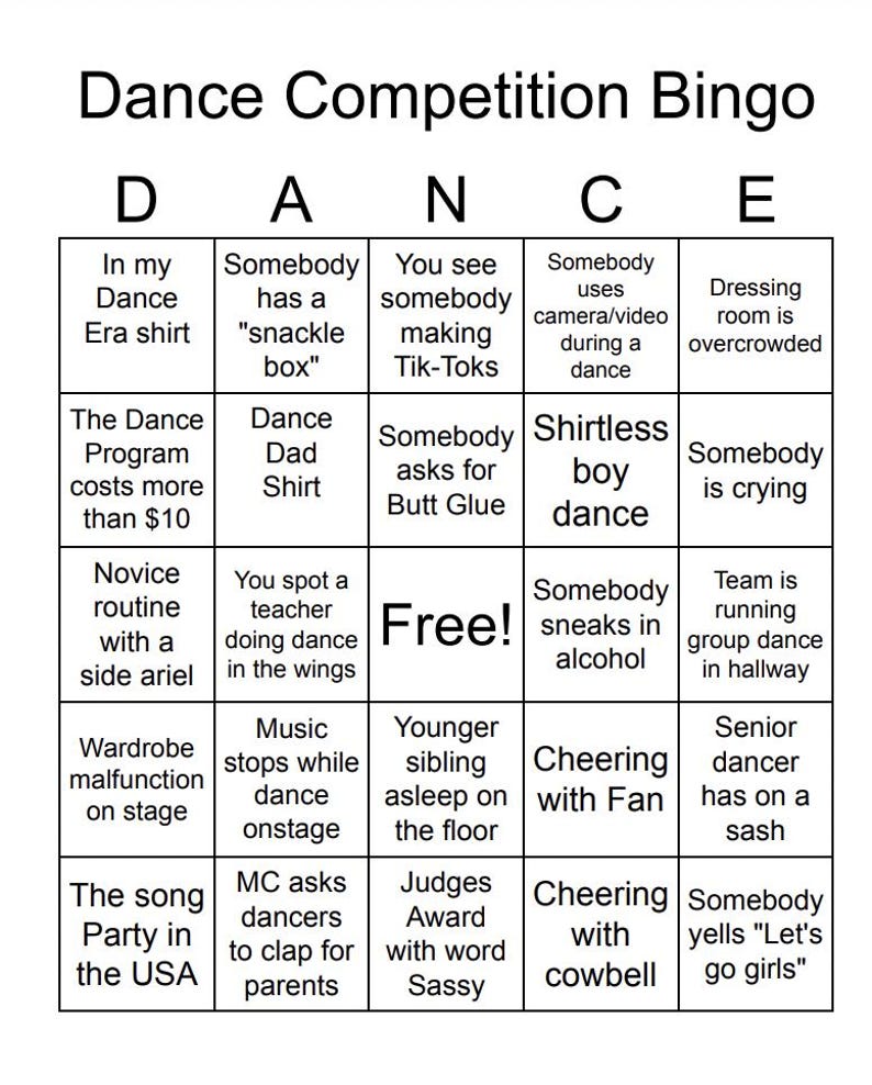 Dance Competition Bingo Cards - Etsy