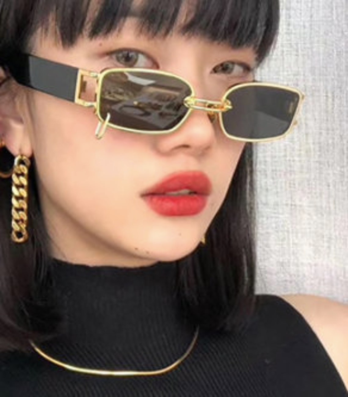 Y2K Rectangle Sunglasses 2000 Style Gold ring piercing | Etsy