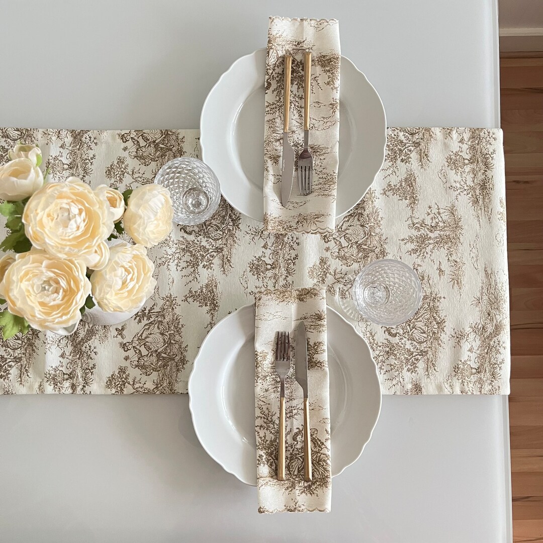 Brown Toile Table Runner, Kitchen Table Runner, Vintage Table Linen ...