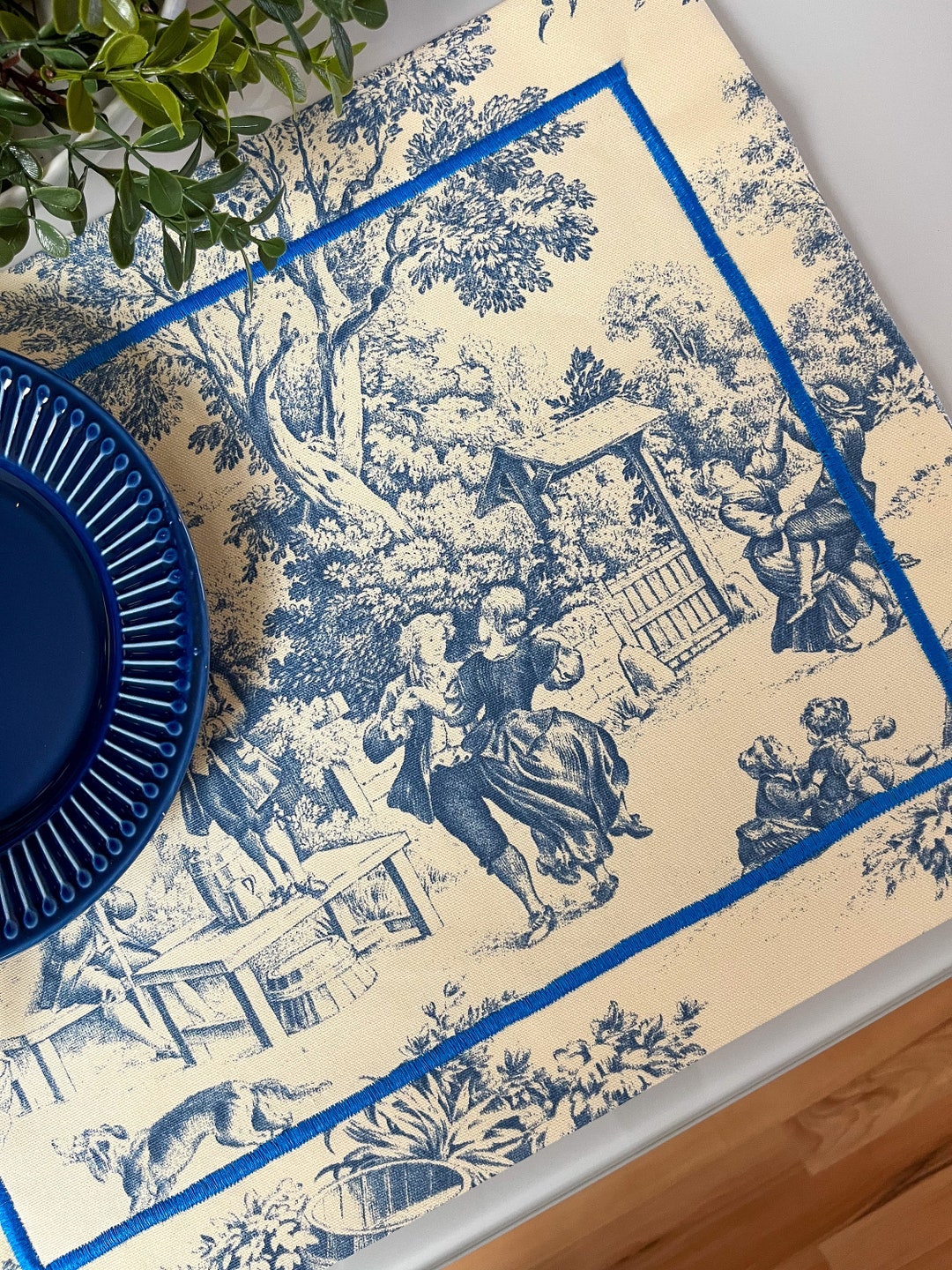 Blue Toile Fabric Placemats, New Home Gift, Cloth Placemats, Dining ...