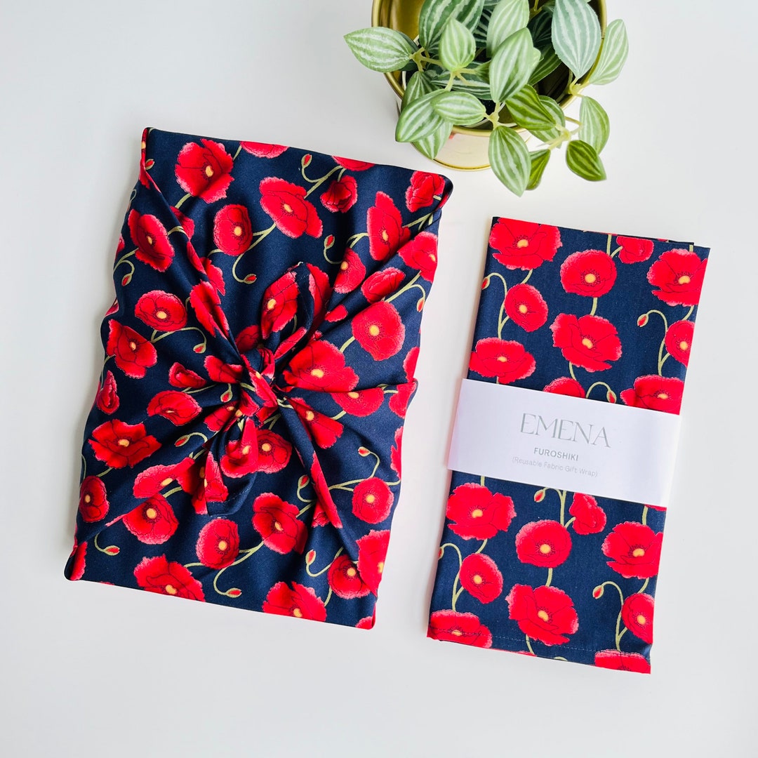 Furoshiki Gift Wrapping Set of 2 , Poppy Flower Reusable Gift Wrap, Eco ...