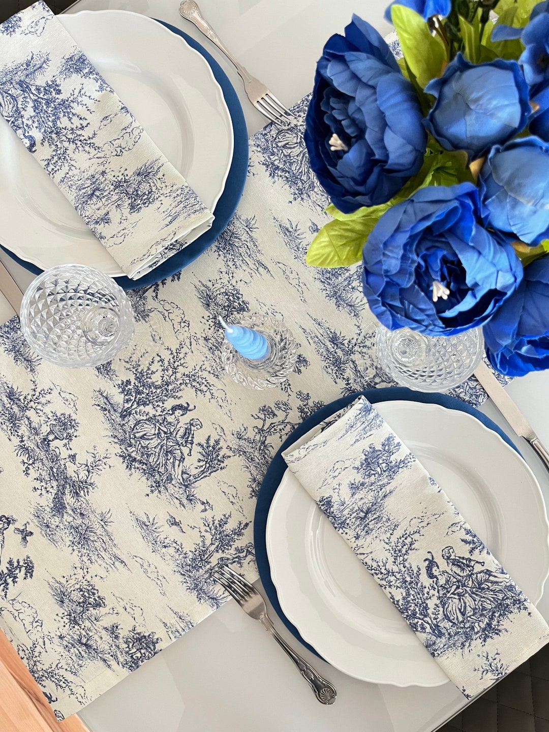 Blue Toile De Jouy Table Runner, Cotton Table Linens, Kitchen Table ...