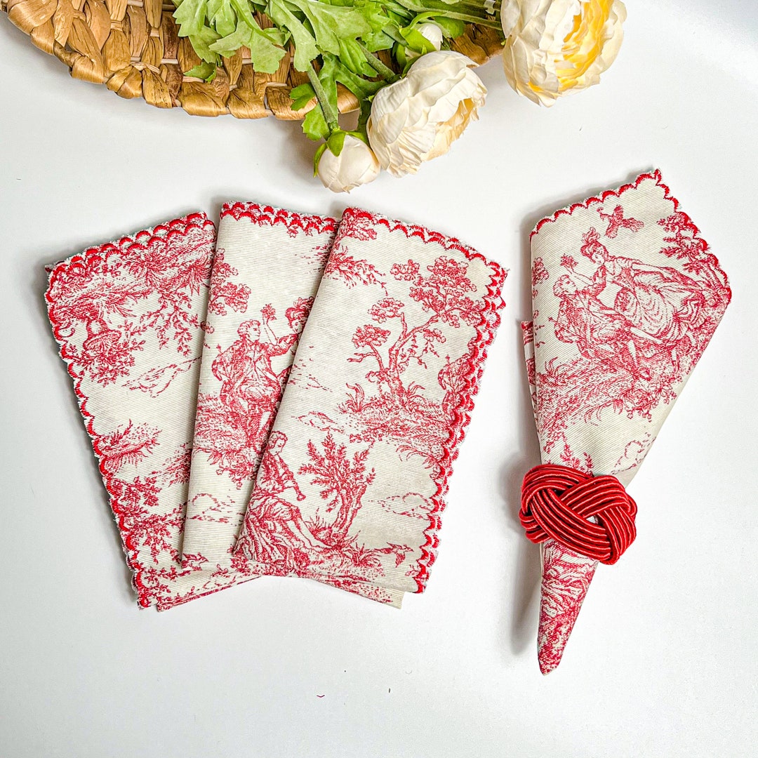 Red Toile Napkin Set: Embroidered Scalloped Cotton Table Linen - Etsy
